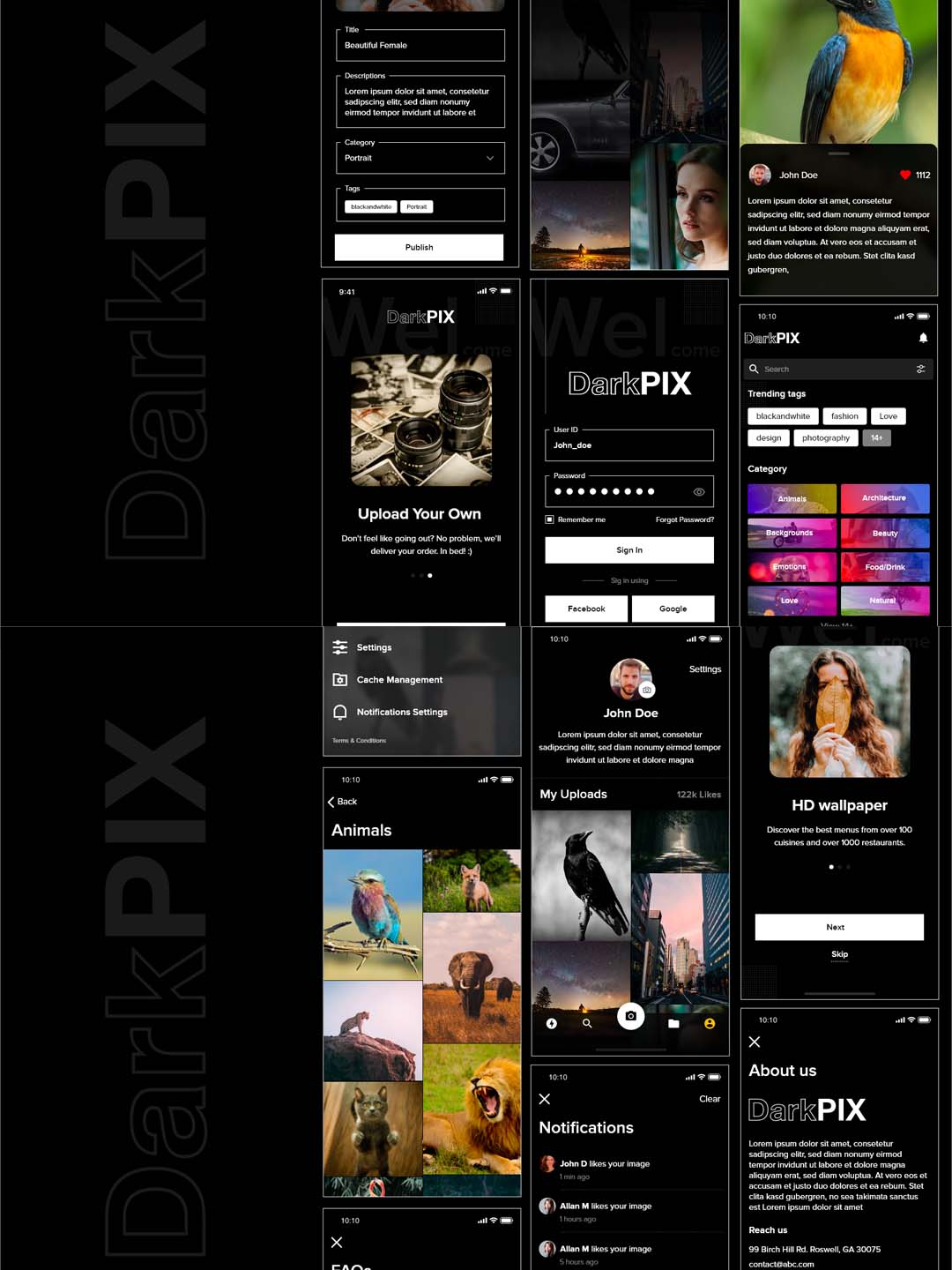 高端暗色模式图片类APP UI源文件下载，dark mode 作品分享类APP Ui XD源文件
