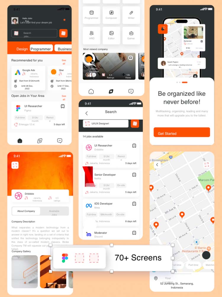 70屏幕，求职找工作、招聘软件APP UI界面设计资源模板fig,sketch,xd三端